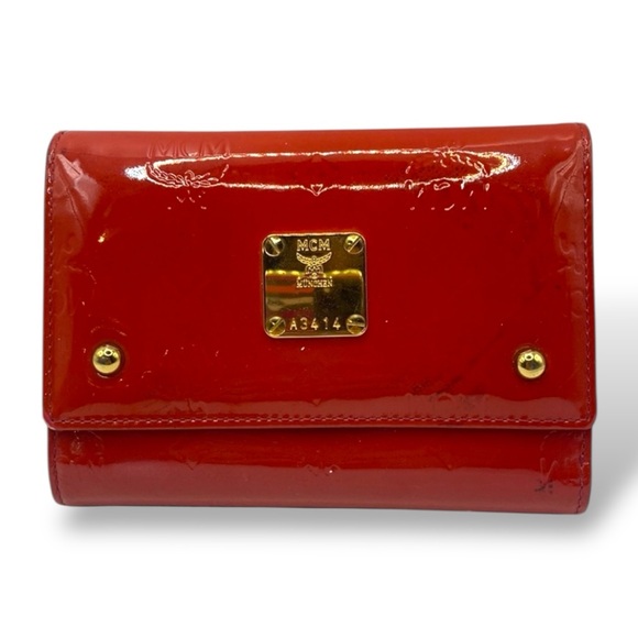 MCM | Bags | Mcm Red Patent Leathertrifold Wallet With Gold Accents ...